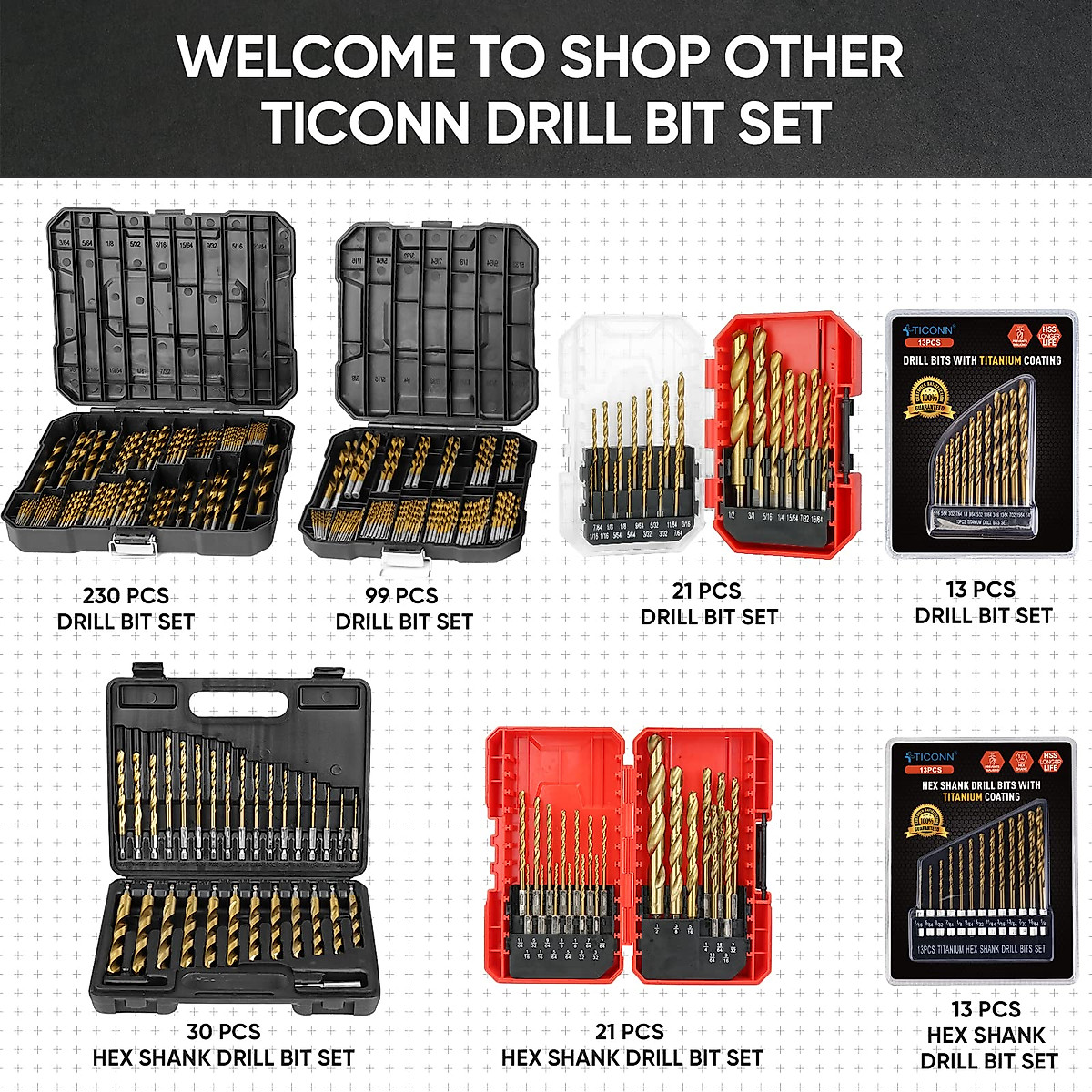 TICONN 30 PCS Titanium Coated Drill Bit Set with Hex Shank, 135 Degree Tip High Speed Steel Drill Bits Kit with Storage Case for Steel, Aluminum, Copper, Soft Alloy Steel Size from 1/16" to 1/2"