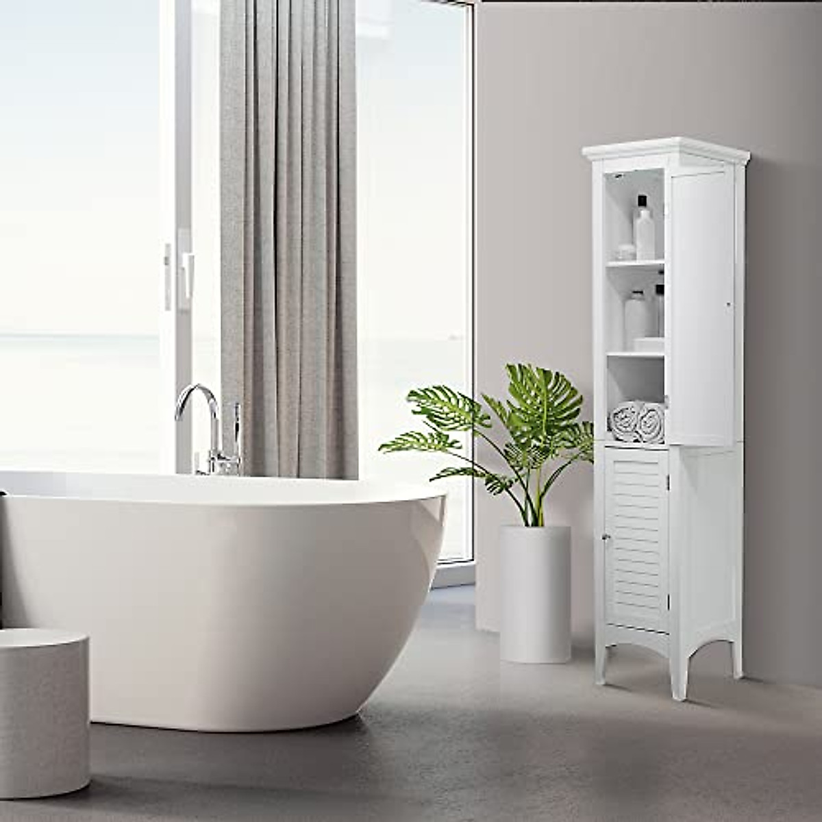 Elegant Home Fashions Glancy Linen Tower Freestanding Cabinet Tall Narrow Bathroom Kitchen Living Room Storage with 2 Shutter Doors 5 Tier Shelves, White, Standard