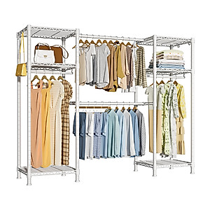 Ulif E7 Heavy Duty Garment Rack, Clothes Organizer and Storage Rack with Expandable Hangers, Metal Clothing Rack with 6 Wire Shelves, (52.3"-72") W x 14.5" D x 71.2" H, Load 740 LBS, White