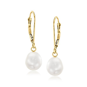 Ross-Simons 8-8.5mm Cultured Pearl Oval Drop Earrings in 14kt Yellow Gold