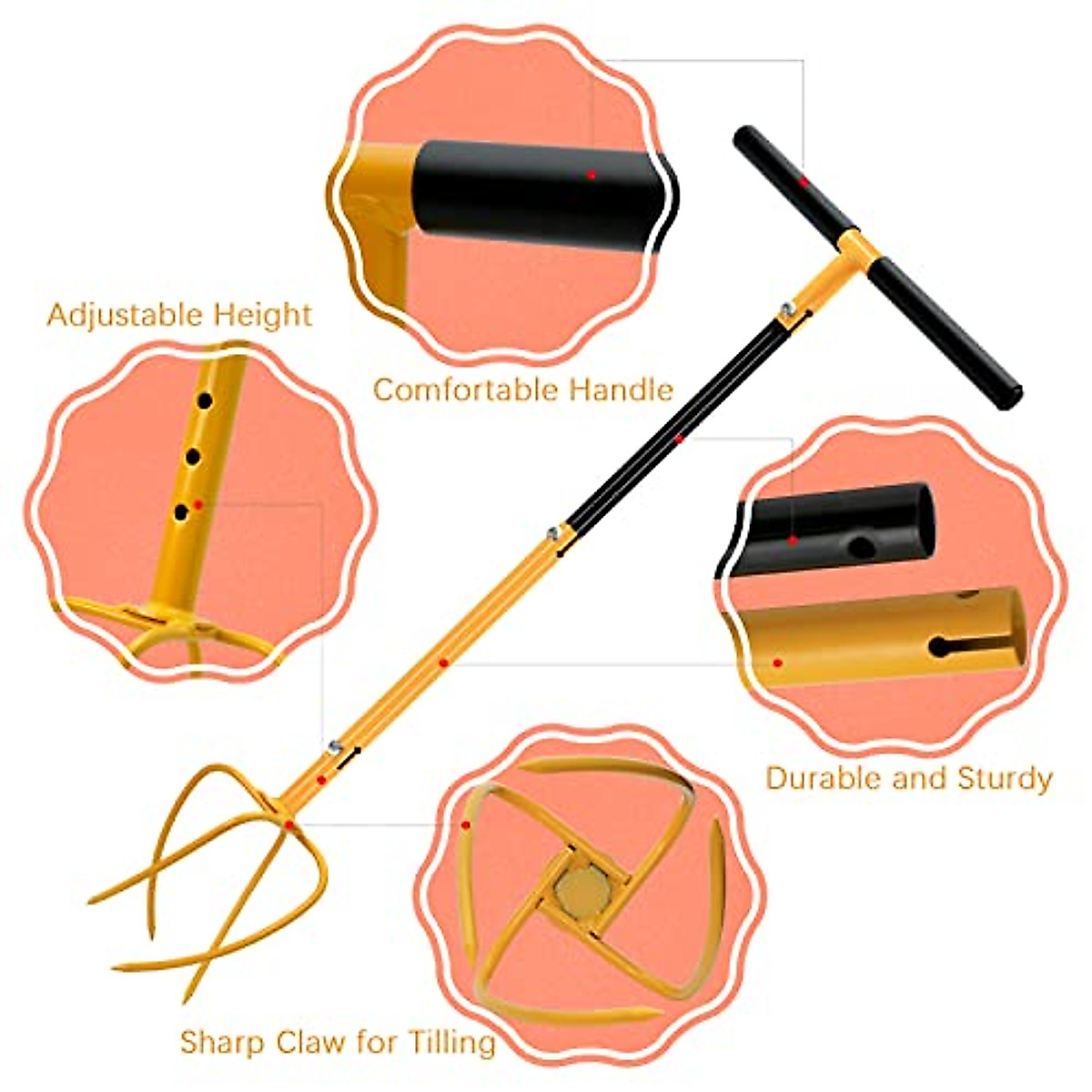 Hand Tiller Garden Tiller, Manual Twist Tiller with Long Handle, Garden Tiller Claw Cultivator Lawn Aerator Soil Ripper for Gardening Bed and Plant Box, 3 Adjustable Height