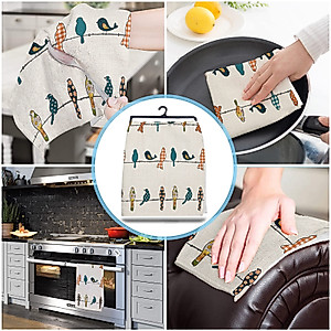 Chucoco Dish Towels for Kitchen, Hand Towel Cleaning Cloths Nature Vintage Birds Absorbent Fast Drying Dish Rags, Buffalo Lattice Floral Print Animal Bathroom Cloth Set of 2 with Hanging Loop