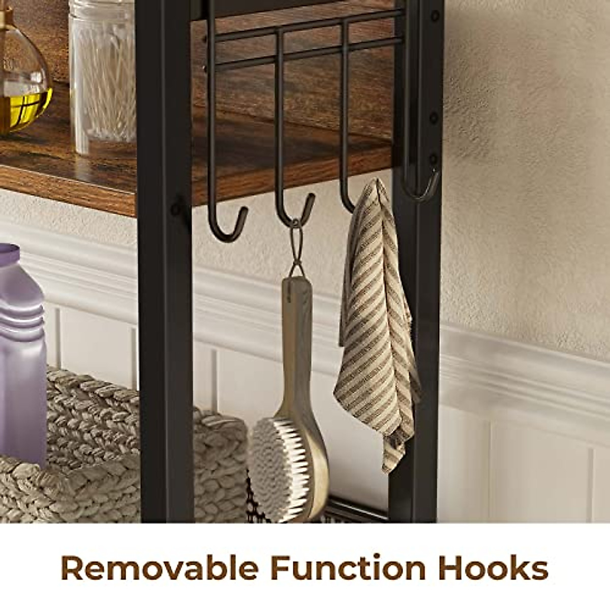Rolanstar Over The Toilet Storage, 4-Tier Wooden Bathroom Space Saver with Hooks, Freestanding Bathroom Organizer, Multifunctional Over The Toilet Storage Rack, Bathroom Toilet Rack, Rustic Brown