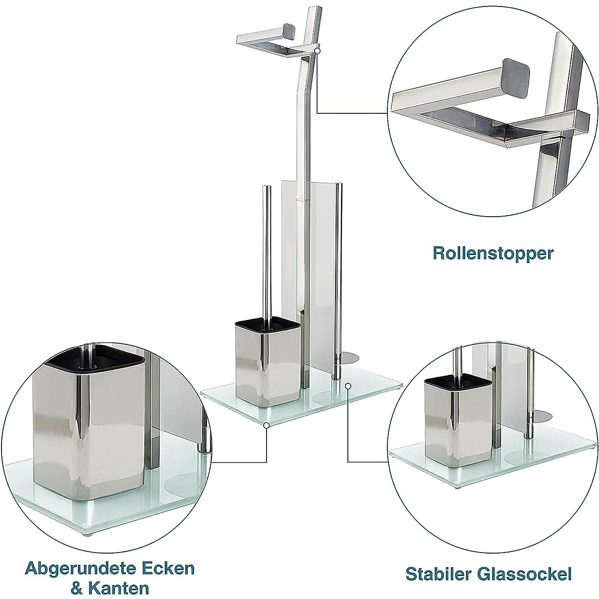 WC Set with roll Holder - Shiny Chrome - Toilet Paper Holder - Stainless Steel Chrome-Plated - Glass Base - Dim: 32x20x70cm– Easy Installation – Plus: 1+2 Extra Toilet Brush Heads for Exchange!