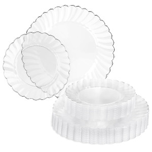 Perfect Settings 50 Piece (25 Sets) Premium Clear Plastic Plates 10 Inch Dinner / 7 Inch Salad Heavy Duty Elegant Disposable Dinnerware Plates (Clear Flared Wavy Edge)