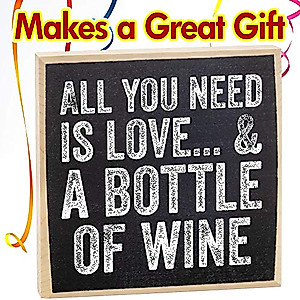 Love and A Bottle of Wine - Wooden Sign Wall Art - Great Home Bar Decoration, Kitchen and Dining Room Display, Unique for Couples Housewarming Gift, 7x7 Wooden Sign