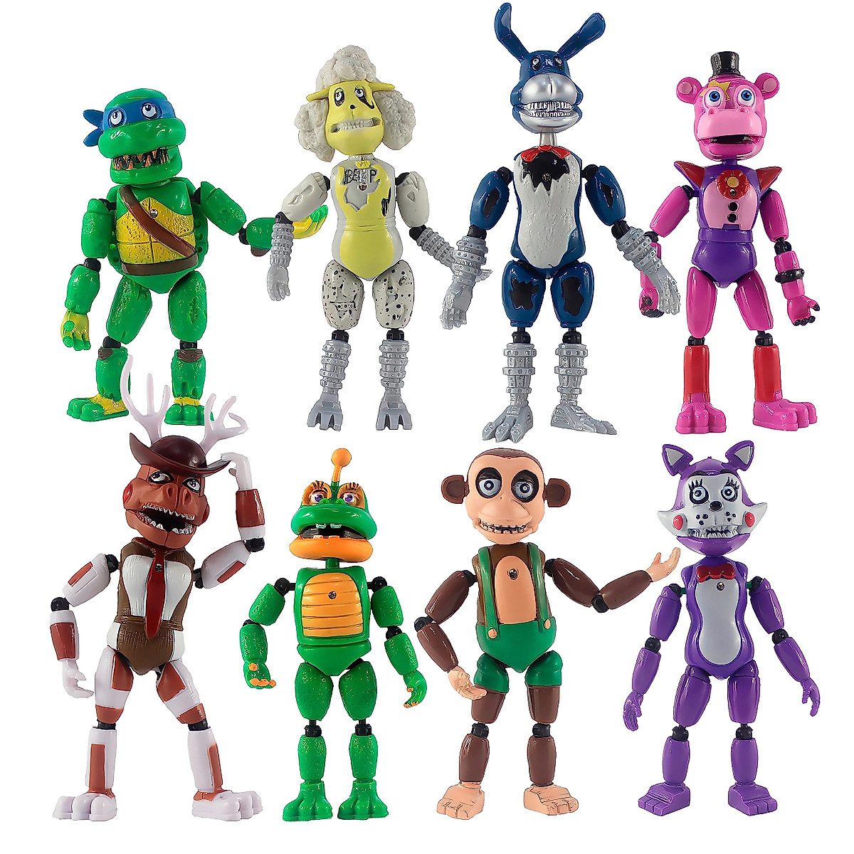 Toysvill 8pcs Inspired by Game Five Nights Toys | Set Candy's FNAF Action Figure [Sheep, Cindy Cat, Happy Frog, Mr. Hippo, Nightmare Bonnie, Turtle Swordsman, Chester Chimpanzee, Reindeer]