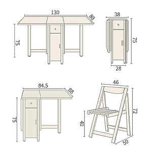 Solid Wood Drop Leaf Table with 4 Chairs, Household Folding Dining Table Set, Small Apartment Simple Solid Wood Table, Rectangular Kitchen Dining Table, Brown