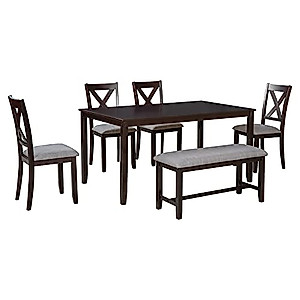 LUMISOL 6 Piece Counter Height Dining Table Set with Bench Farmhouse Style Kitchen Table and Chair Set for 6 with X-Back Chairs for Dining Room and Living Room