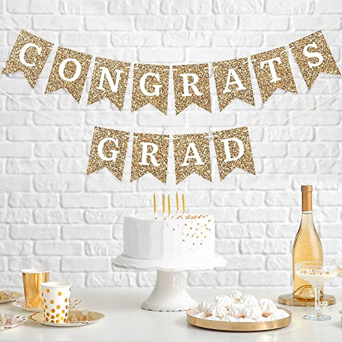 Pre-Strung Congrats Grad Banner - NO DIY - Gold Glitter Graduation Party Banner - Pre-Strung Garland on 6 ft Strand - Gold Grad Congrats Class of 2023 Party Decorations & Decor. Did we mention no DIY?
