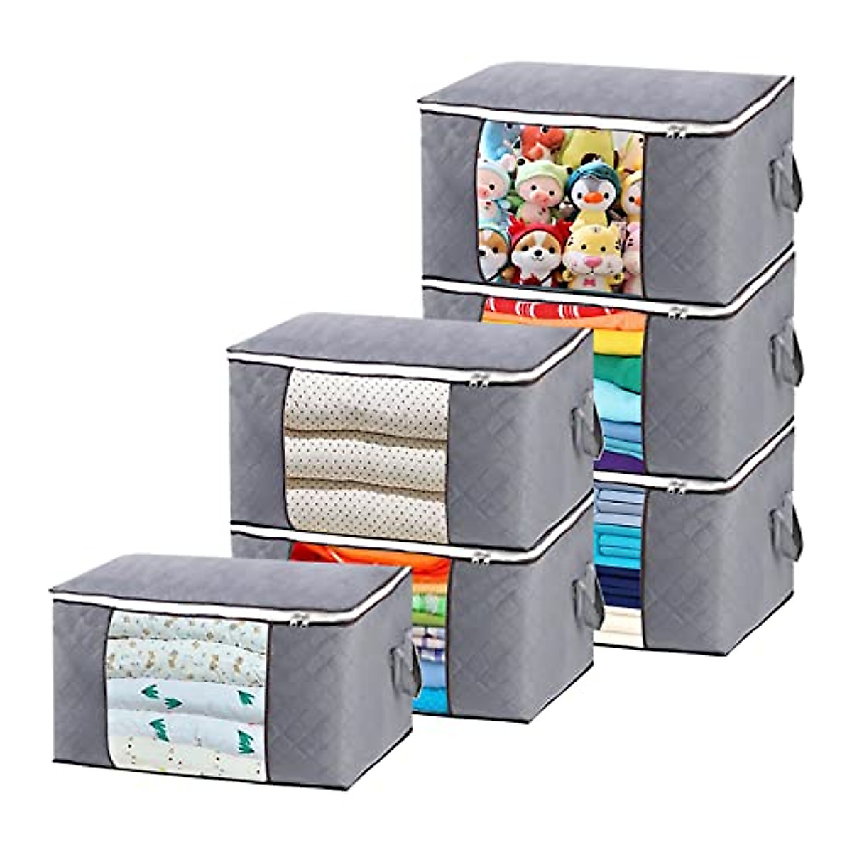 6 Pack Clothes Storage Bags Organizers- Durable, Foldable Clothing Storage Bags with Zipper and Sturdy Handles- 90L Large Storage Bags for Clothes, Pillows, and More- Blanket Storage Bags- Gray