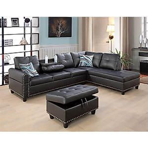 Ainehome Living Room Sectional Set, Leather Sectional Sofa in Home, with Storage Ottoman and Matching Pillows (Right Hand Facing,Black)