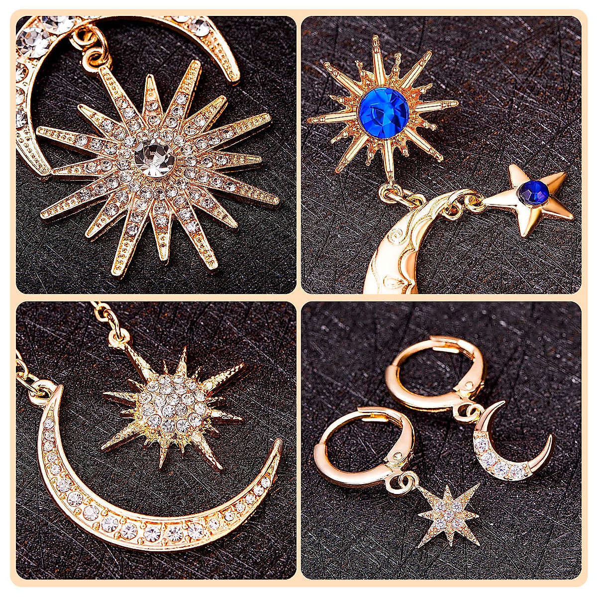 4 Pairs Moon Earrings Star Earrings Exaggerated Boho Earrings Retro Moon Dangle Drop Rhinestones Earrings Sun for Halloween Christmas Women Girls Gift