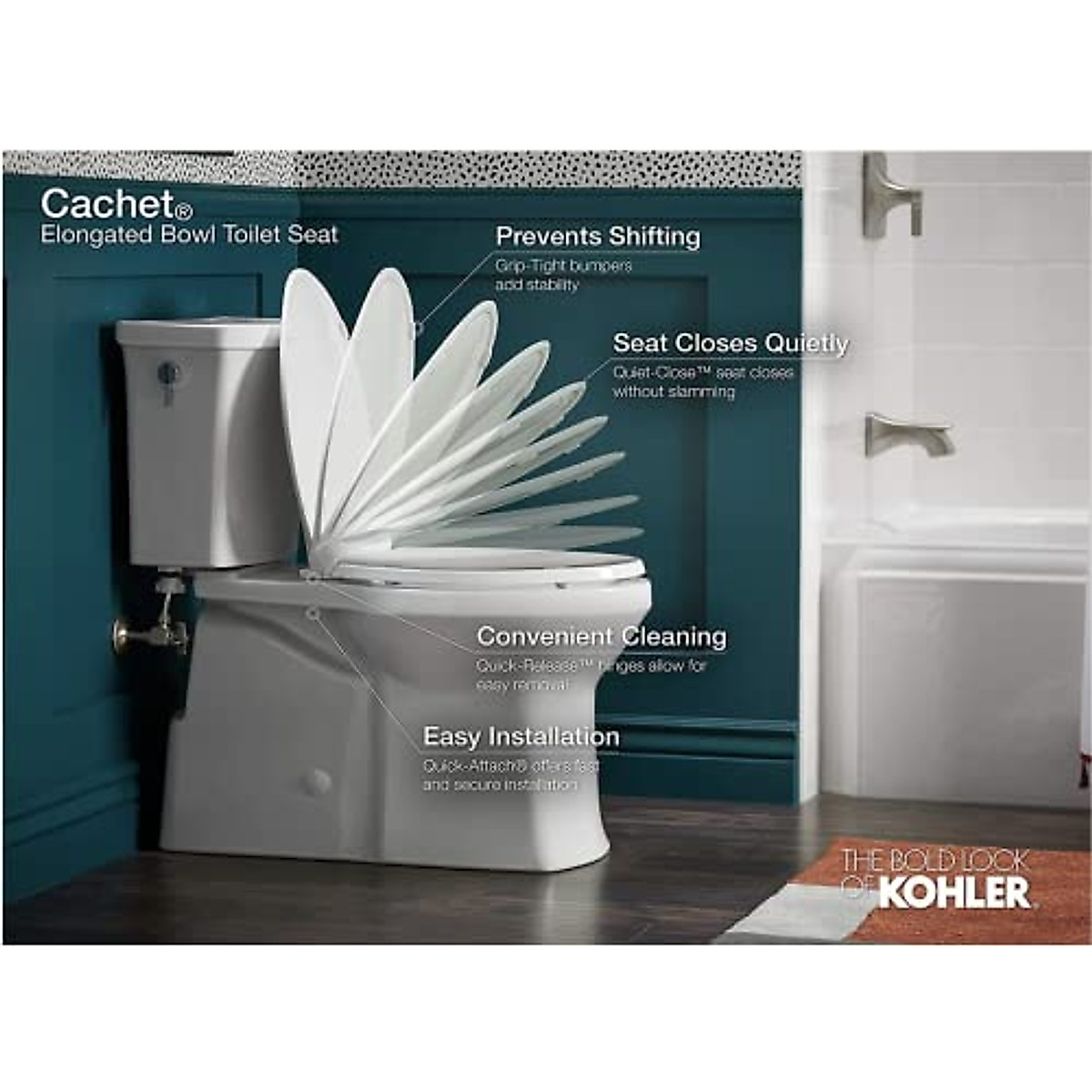 KOHLER K-4636-0 Cachet Elongated, Grip-Tight Bumpers, Quiet-Close Release Hinges, Quick-Attach Hardware, No Slam Toilet Seat, White
