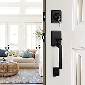 Haidms Black Front Door Handle and Deadbolt Set, Entry Door Handle and Deadbolt Set with Reversible Handle Lever,Front Door Lock Set, Front Door Handles and Locks