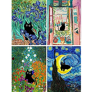 Adult & Kids 5D Diamond Painting Set - 4 Pieces, Round Diamond Digital Painting Kit, DIY Beginner Black Cat Diamond Art Kit, Matisse Van Gogh Living Room Bedroom Decoration (11.8x15.7)