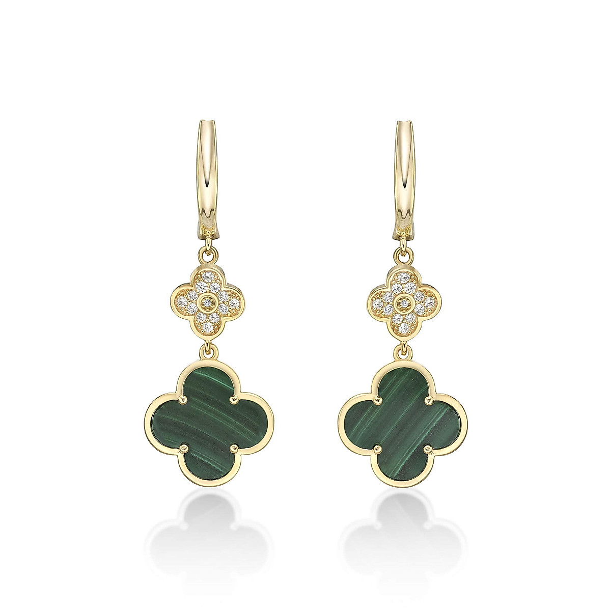 Lavari Jewelers Elegant Flower Drop Earrings for Women - Green Malachite & Cubic Zirconia in 925 Sterling Silver Clover Dangle Earrings - Hypoallergenic Yellow Gold Plated - Secure Hinge Post