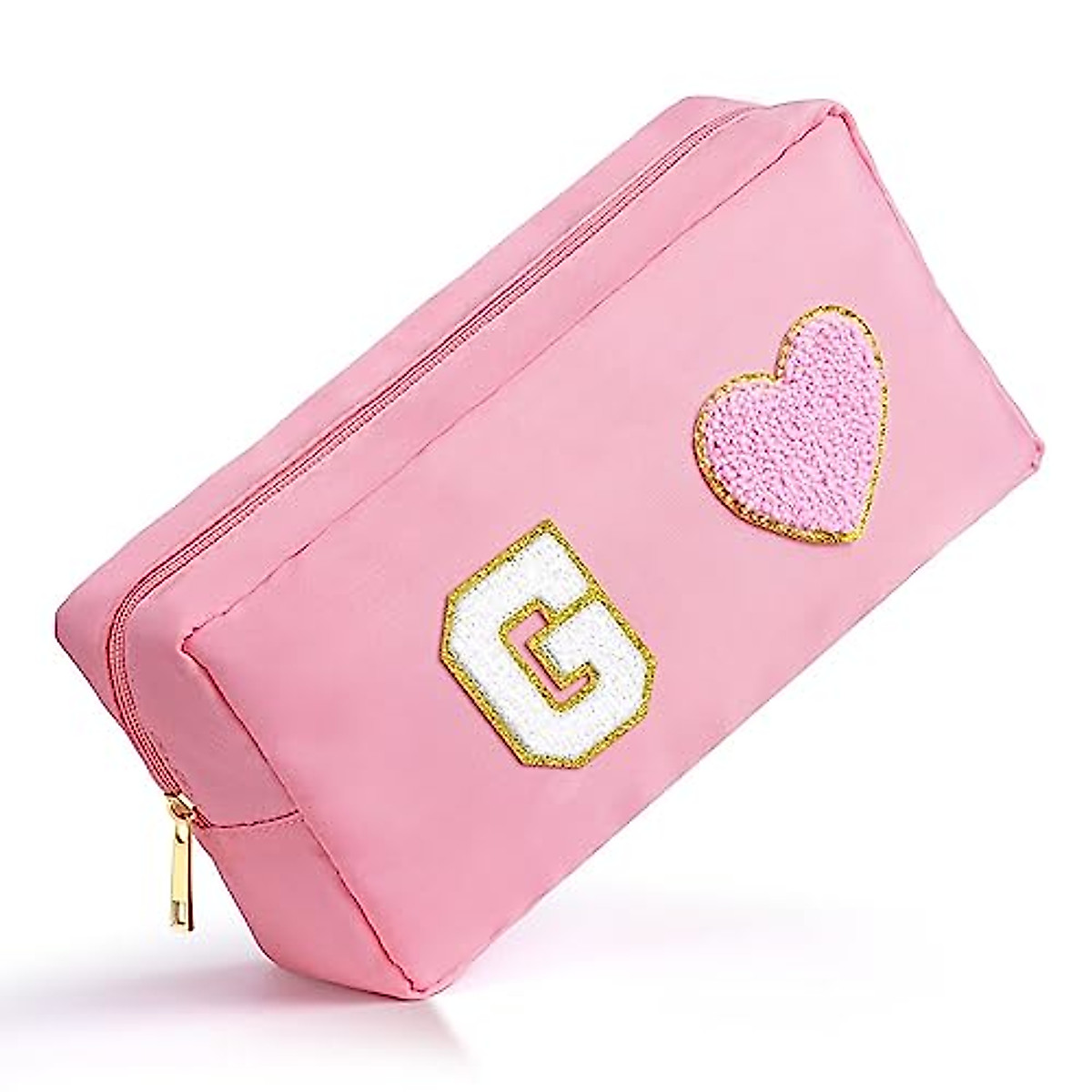 TOPEAST Preppy Makeup Bag Chenille Letters Cosmetic Travel Bag Makeup Pouch Portable Waterproof Travel Organizer Nylon Toiletry Bag Unique Gifts for Women Teen Girls, Letter G