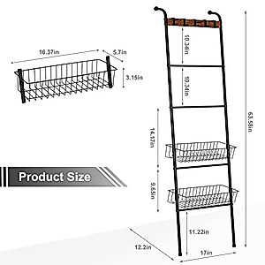 Blanket Ladder Wall-Leaning Blanket Ladder Rack Holder with Removable Hooks and Storage Mesh Baskets Metal Decorative Towel Ladder Shelf for The Living Room Outdoor Pool Black 5 Layer