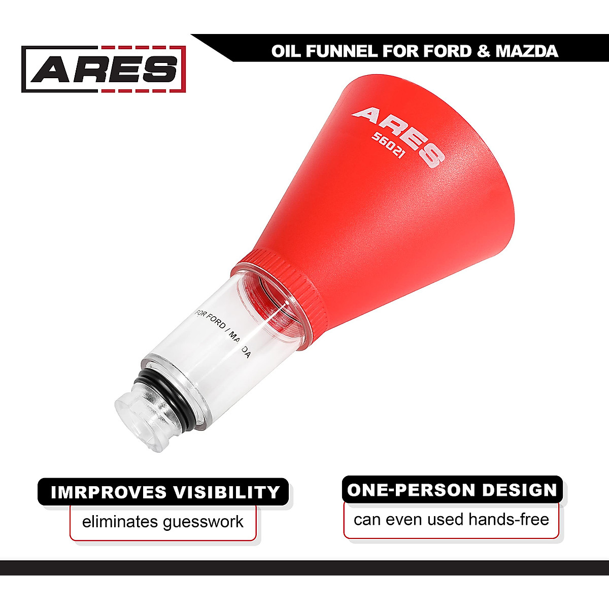 ARES 56021 - Oil Funnel for Ford and Mazda - Spill-Free Oil Filling - Easy to Use 1-Person Design - Fits Multiple Applications