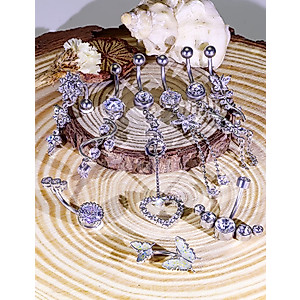 Ocptiy 14G Belly Button Ring for Womne Surgical Stainless Steel Curved Silver Dangle Butterfly Hypoallergenic Dangle Cute Navel Belly Rings Barbell Bar Hoop Body Piercing Jewelry for Women 10mm