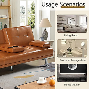 GERDIOEB Modern Convertible Folding Futon Sofa Bed with 2 Cup Holders, Leather Upholstered Adjustable Couch Loveseat Sofa Sleeper with Removable Armrests for Living Room Office Small Space (Tan)
