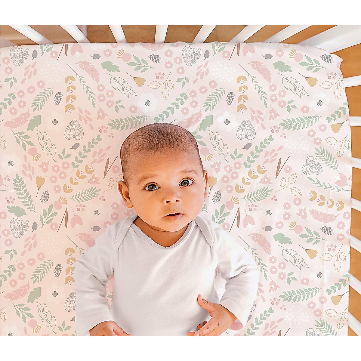 The Peanutshell Crib Sheet Set for Baby Girls | Pink Floral and Woodland Animals | 2 Pack Set