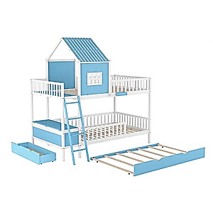 Lepfun Bunk Bed,Full Over Full Size Bunk Bed with Twin Size Trundle Bed, Farmhouse Bed with Storage Box and A Big Drawer for Kidroom,Bedroom and Dorm,Noise Free,No Box Spring Needed,Blue