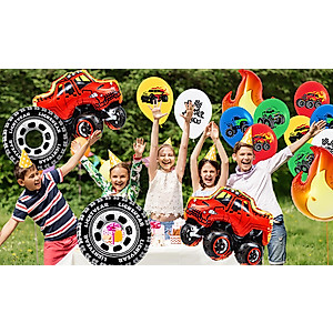 Monster Truck Theme Birthday Party Decorations Monster Truck Balloons Wheels Balloons Fire Balloons Happy Birthday Truck Shaped Balloons for Girls Boys Birthday Baby Shower Wedding Party Supplies