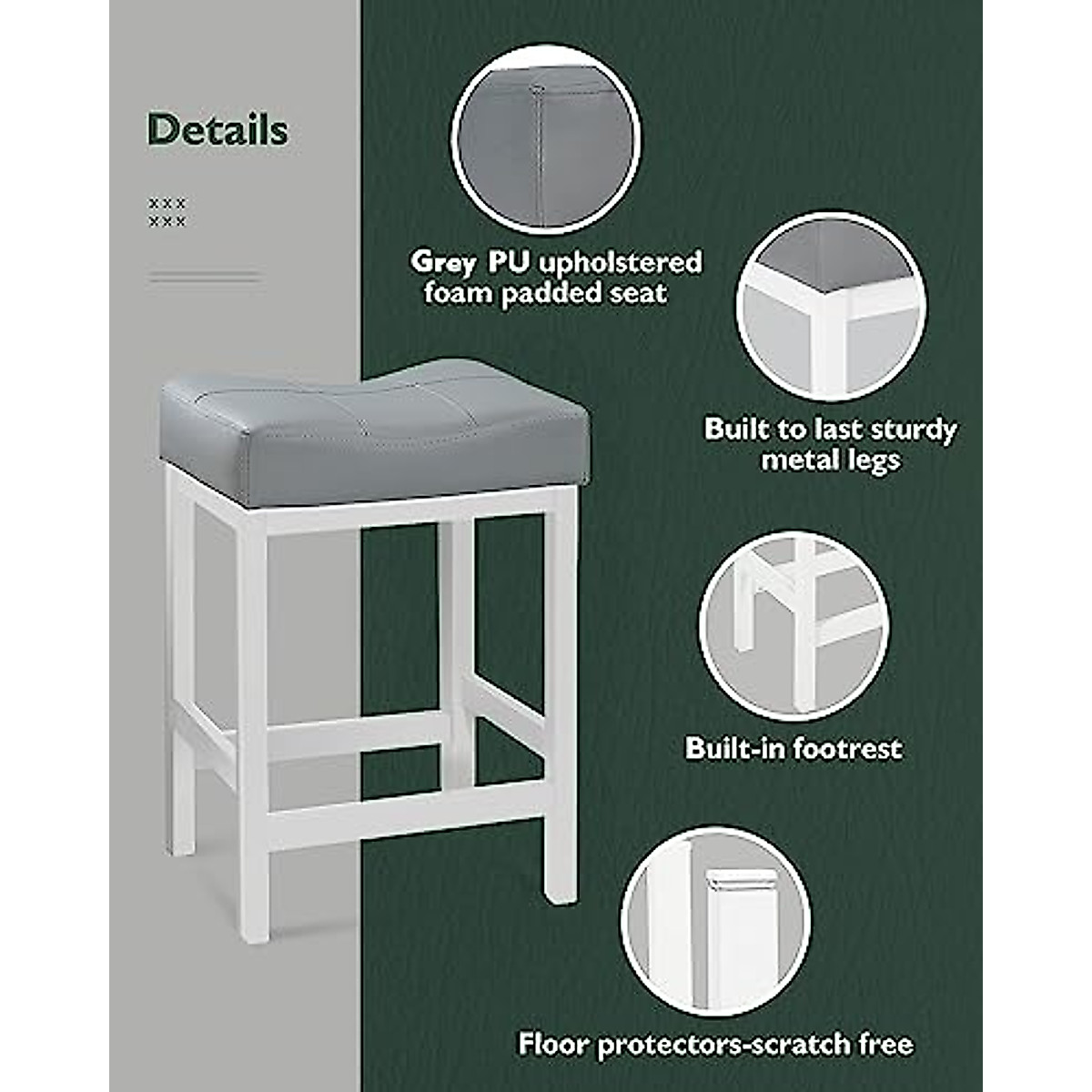 KATDANS Bar Stool, Counter Height Stool 24 Inch Saddle Stool, PU Leather Modern Kitchen Barstool with Metal Base, KS861P-LG, 1Pc