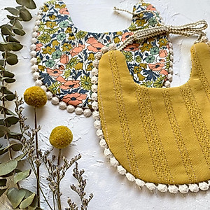 Cherssy Baby Girl Reversible Bibs, Boho Bibs with Crochet Lace and String Ties Pom Pom, Floral Cotton bibs for Newborn Infant Toddler, 2 Pack Mustard/Brown