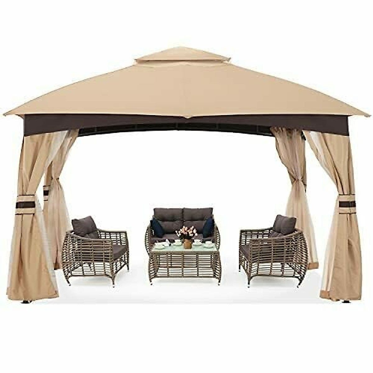 BBQ Gazebo Canopy 10' x 12' Gazebos Patio Garden Gazebo with Mosquito Netting,Double 10x12 Beige Grill Gazebo Shelter for Patio, Garden