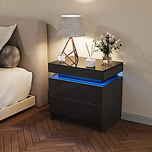 Semounva LED Nightstand with 2 Drawers, Black Modern Nightstands with Led Lights, Cool Light Up Flip Top Bedside Table Night Stand for Bedroom Furniture