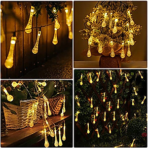 Solar String Lights Outdoor Waterproof, 2 Pack 80 LED 52 FT Total Solar Water Drop Lights with 8 Lighting Modes, Solar Powered Patio Lights for Garden Wedding Party Decor, Warm White