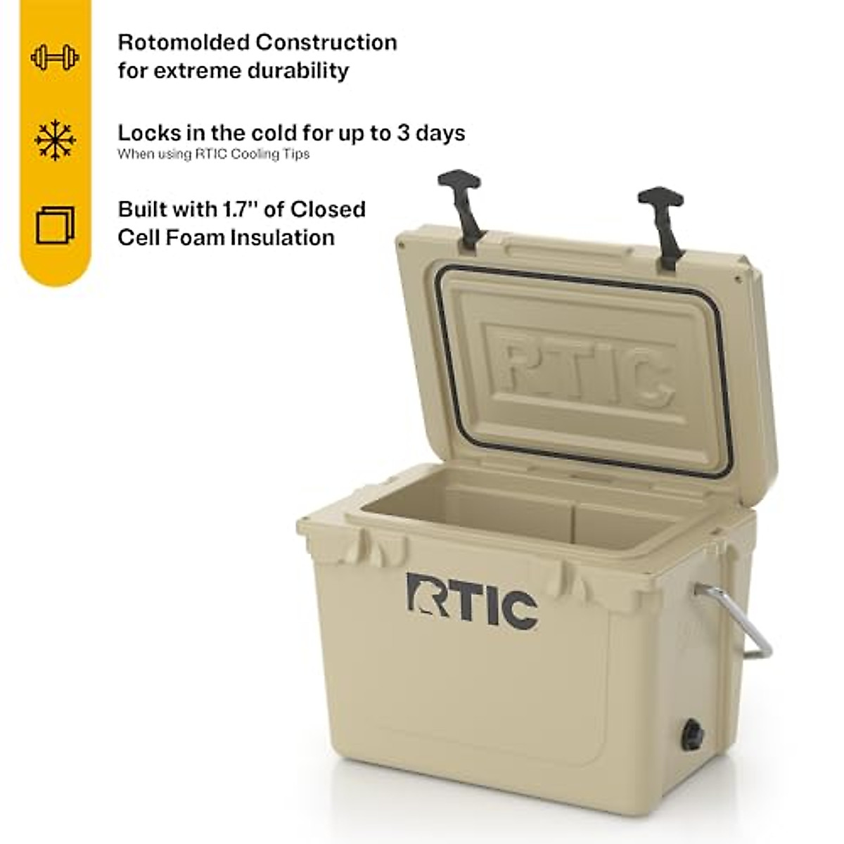 RTIC 20 QT Ultra-Tough Cooler Hard Insulated Portable Ice Chest Box for Beach, Drink, Beverage, Camping, Picnic, Fishing, Boat, Barbecue, Tan