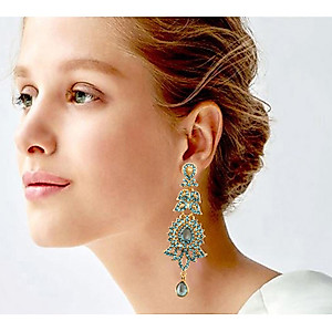 Touchstone Hollywood Glamour Oscar Collection Extra Long Chandelier Earrings, Indian Paisley Motif Filigree Turquoise Blue Rhinestones, Designer Bridal Jewelry, Antique Gold Tone