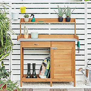 Topeakmart Outdoor Potting Bench Table Work Station Garden Planting with Cabinet & Drawer & Top Shelf & Lower Shelf Natural Wood