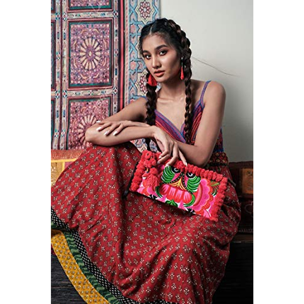 Red Pom Pom Clutch Bag with Embroidered Hmong Tribes Orchid Pattern