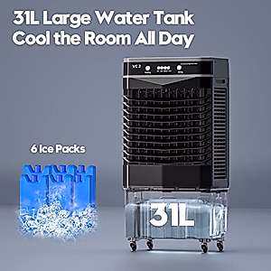 VCJ Portable Evaporative Air Cooler, 3 in 1 Cooling Fan with 6 Ice Crystal Boxes, Large Water Tank and Casters, 3-Mode 3-Speed Air Swamp Cooler for Room Home Office