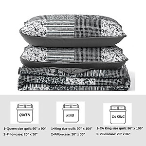 Mybedsoul Black Grey Boho Quilt Set California King Size,3 Pieces Plaid Floral Bedspread Coverlet Set for All Season,Patchwork Reversible Bedding Set 106"x 96"