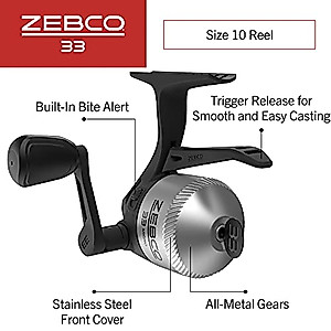Zebco 33 Micro Trigger Spincast Fishing Reel, Size 10 Reel, Changeable Right- or Left-Hand Retrieve, Built-in Bite Alert, All-Metal Gears, Pre-Spooled with 4-Pound Zebco Cajun Line, Silver/Black
