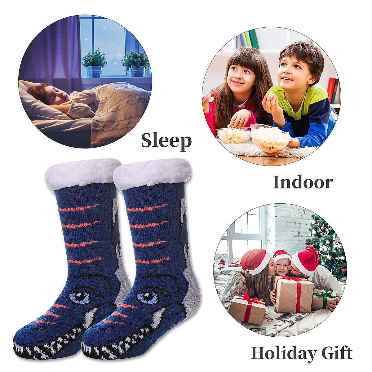 FNOVCO Kids Fuzzy Slipper Socks Toddler Boys Girls Soft Thick Cozy Fluffy Grips Socks Warm Fleece Lined Winter Indoor Non Slip Socks (8-12 Years, Blue Shark)