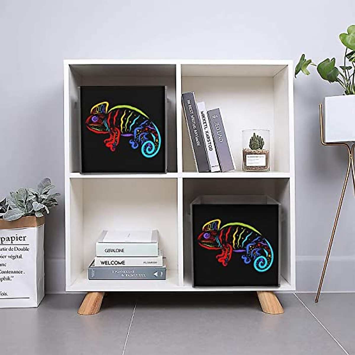 Glow Colored Chameleon Canvas Collapsible Storage Bins Cube Organizer Baskets with Handles for Home Office Car