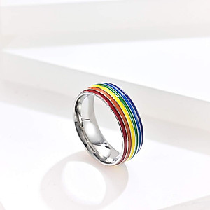 2 Pcs Rainbow Pride Ring Two-Tone Rainbow Inlay Lover Wedding Engagement Bands 8mm Width Stainless Steel Pride Parade Rainbow Ring Promise Couples Rings for Women Men-9