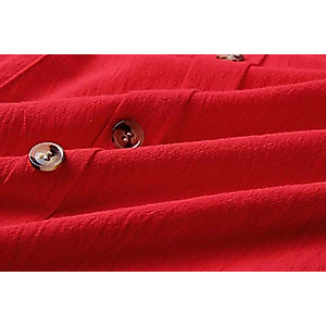 Womens Summer Button Down Casual Swing Plain Solid Midi Dress Pockets Red X-Large