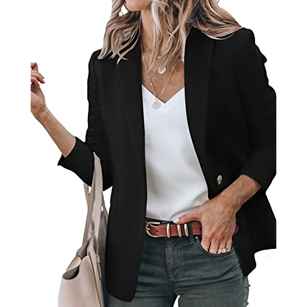 Newffr Women's Casual Blazer Long Sleeve Open Front Work Office Jacket with Pockets (as1, Alpha, s, Regular, Regular, Black)
