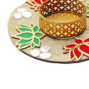 Set of 2 MDF Wooden Lotus Base T Light Holder Candle Stand Tealight Holders for Indian Traditional Festival Decoration Lighting Accessory Wedding Home Decor(Without Wax)(Red,Green)(Size:-4")