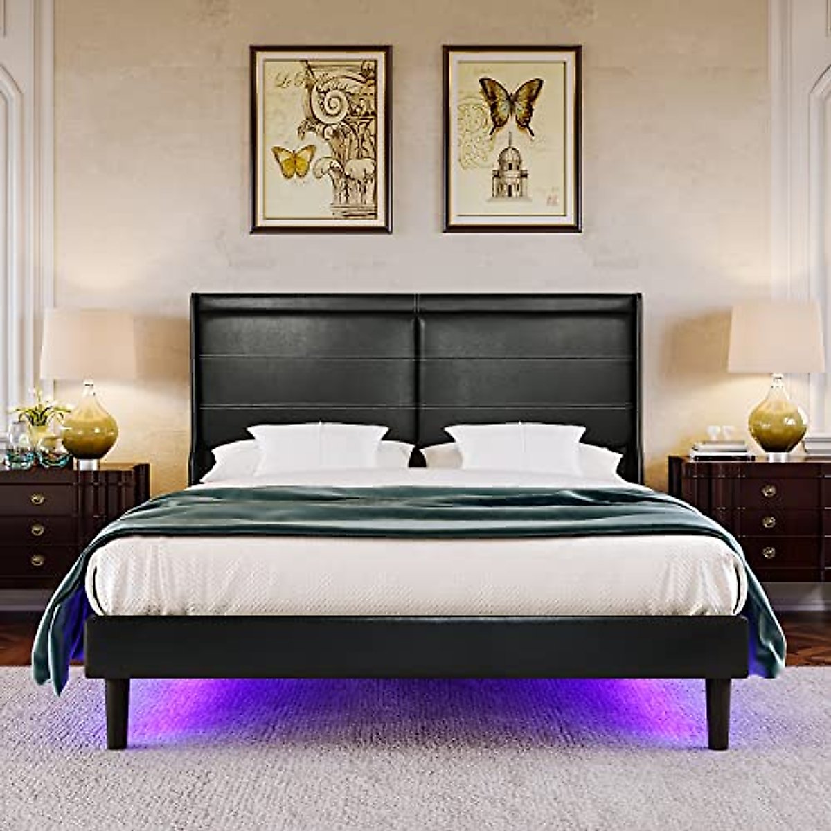 Arisaniasion Queen Size Bed Frame with LED Light Square Stitched Adjustable Headboard Strong Bed, Remote Control Control LED Lights, No Box Spring Needed, Noise Free, Easy Assembly (Black)