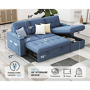 AMERLIFE 84 Inch Pull Out Couch, Tufted Sofa Bed with 2 USB Sockets & Cup Holders, L Shape Sectional Sleeper Sofa Bed with Storage Chaise- Linen Blue