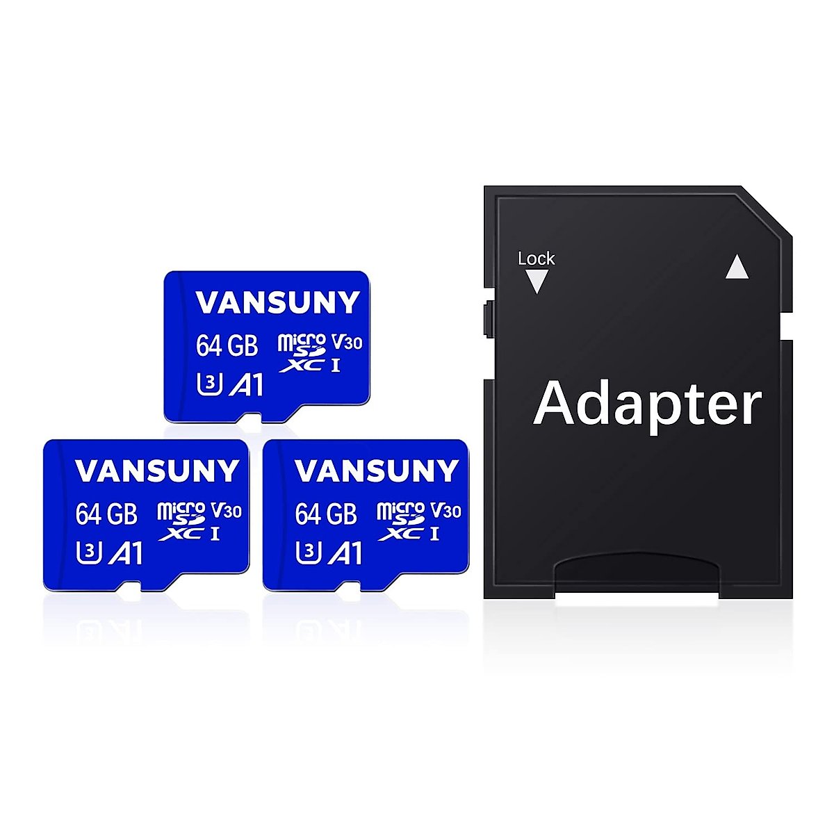 Vansuny Micro SD Card 64GB 3 Pack microSDXC Memory Card with SD Adapter A1 App Performance V30 4K Video Recording C10 U3 Micro SD for Phone, Security Camera, Dash Cam, Action Camera